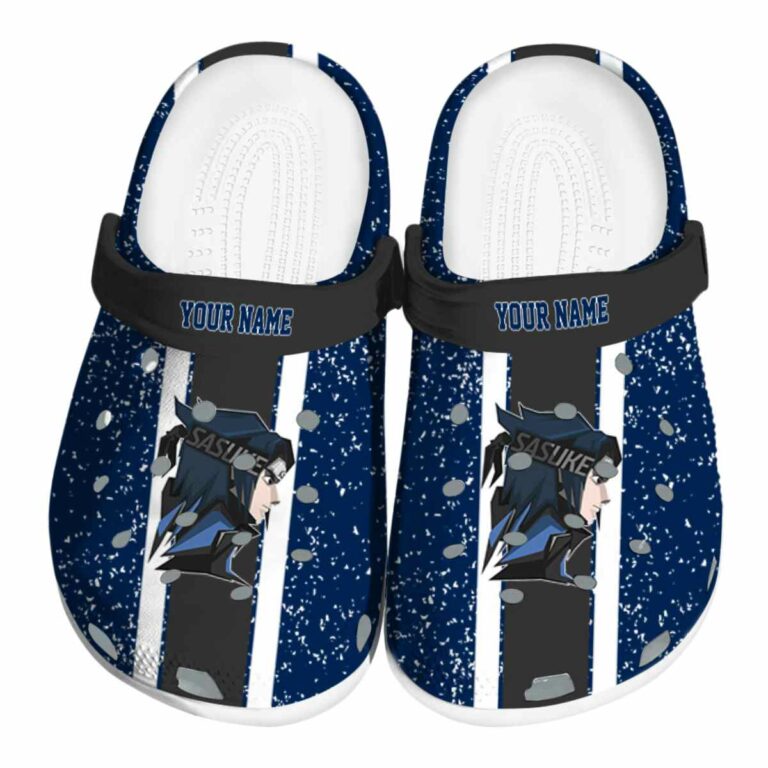 Personalized Sasuke Pinstripe Pattern Crocs - Unique Anime Apparel for Fans