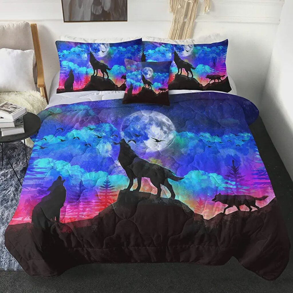 Galaxy Wolf Howling Under The Moon Bed Sheets Spread Duvet Cover ...