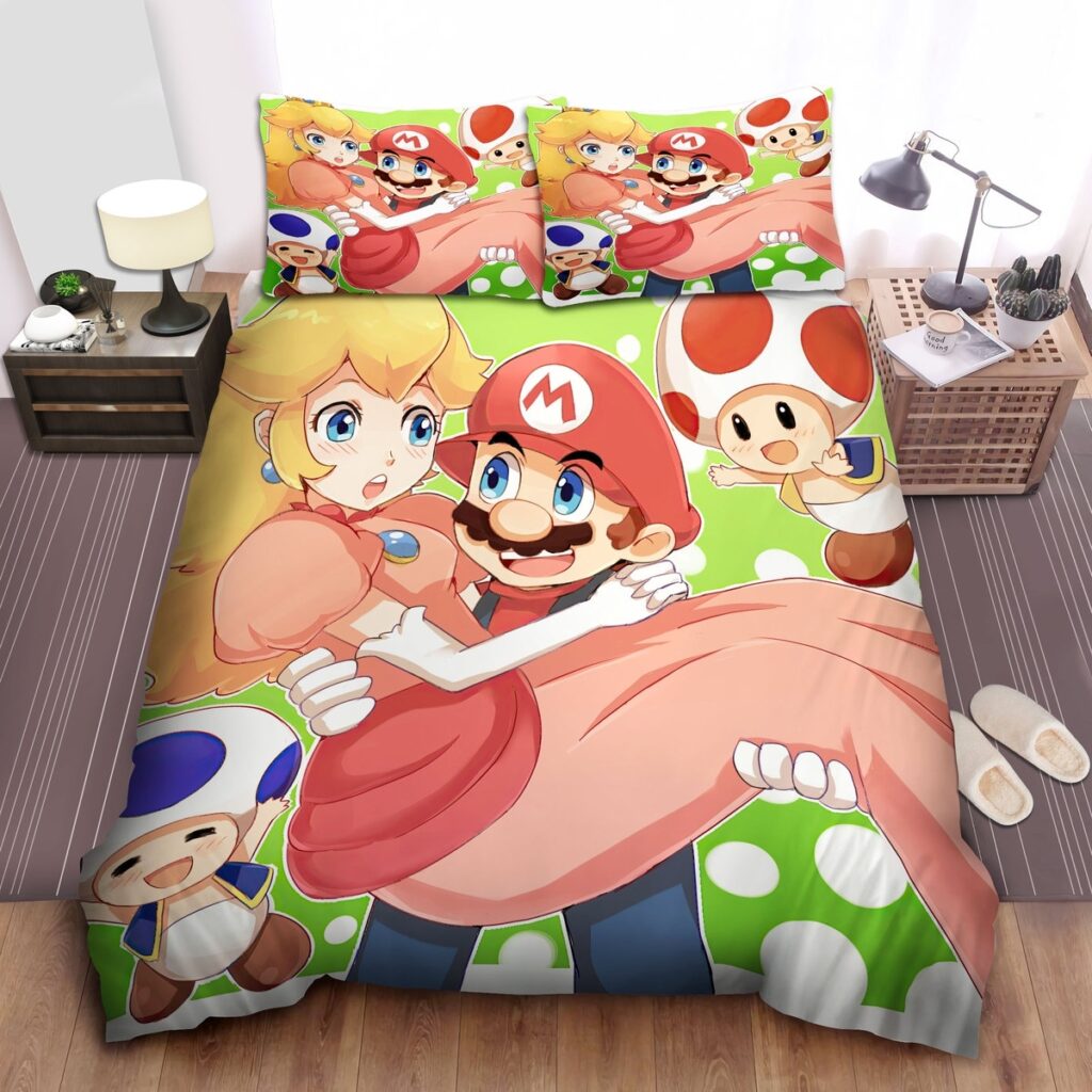 Super Mario & Princess Peach In Anime Art Style Bed Sheets Spread Duvet ...